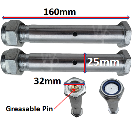 Mini Digger Bucket Pins 25mm 32mm Hex Head Greasable (Set of 2)